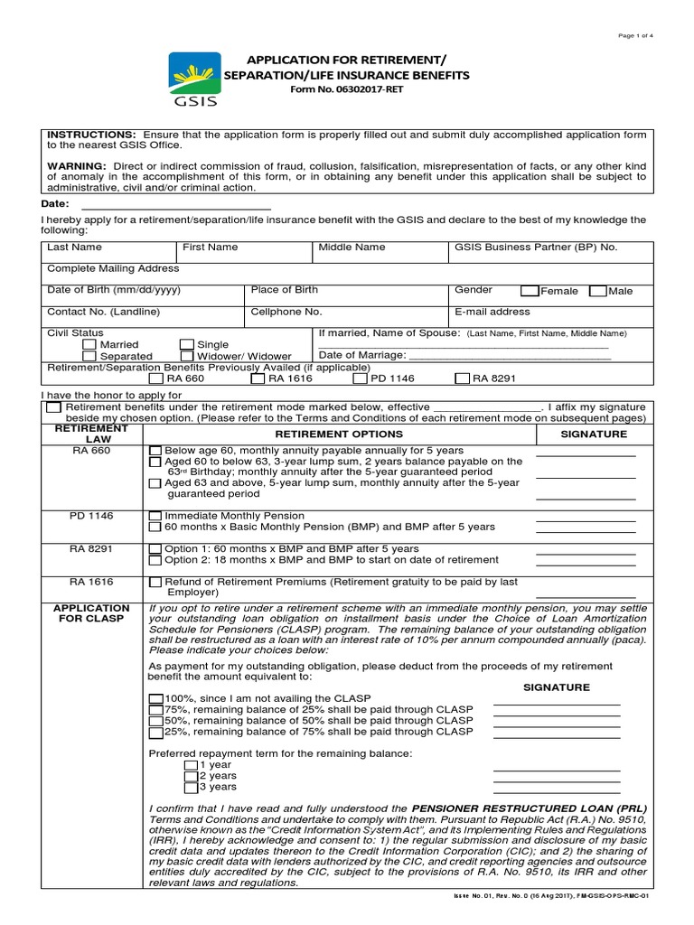 Application For Retirement Separation Life Insurance Benefits | PDF ...
