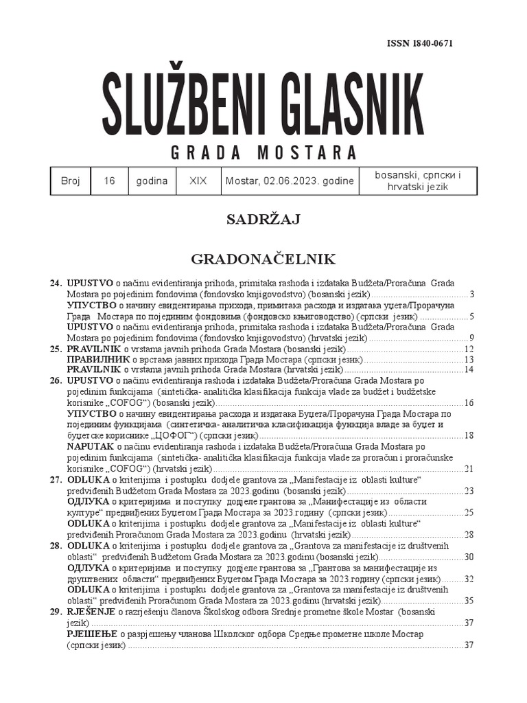 Sluzbeni Glasnik Grada Mostara Broj 16-2023 | PDF