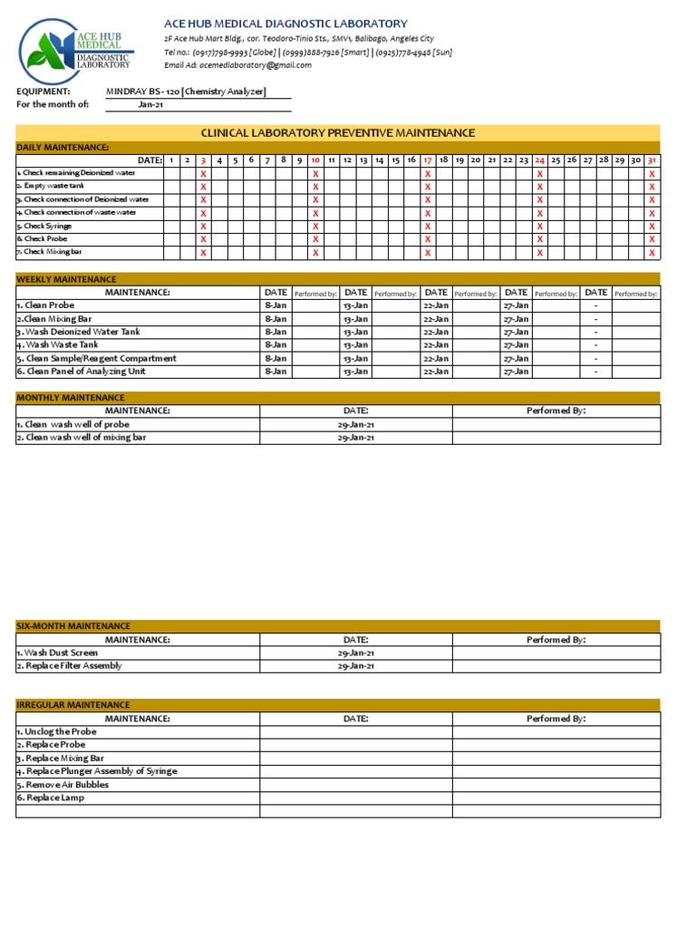 Mindray BS 120 Laboratory Preventive Maintenance | PDF | Chemistry