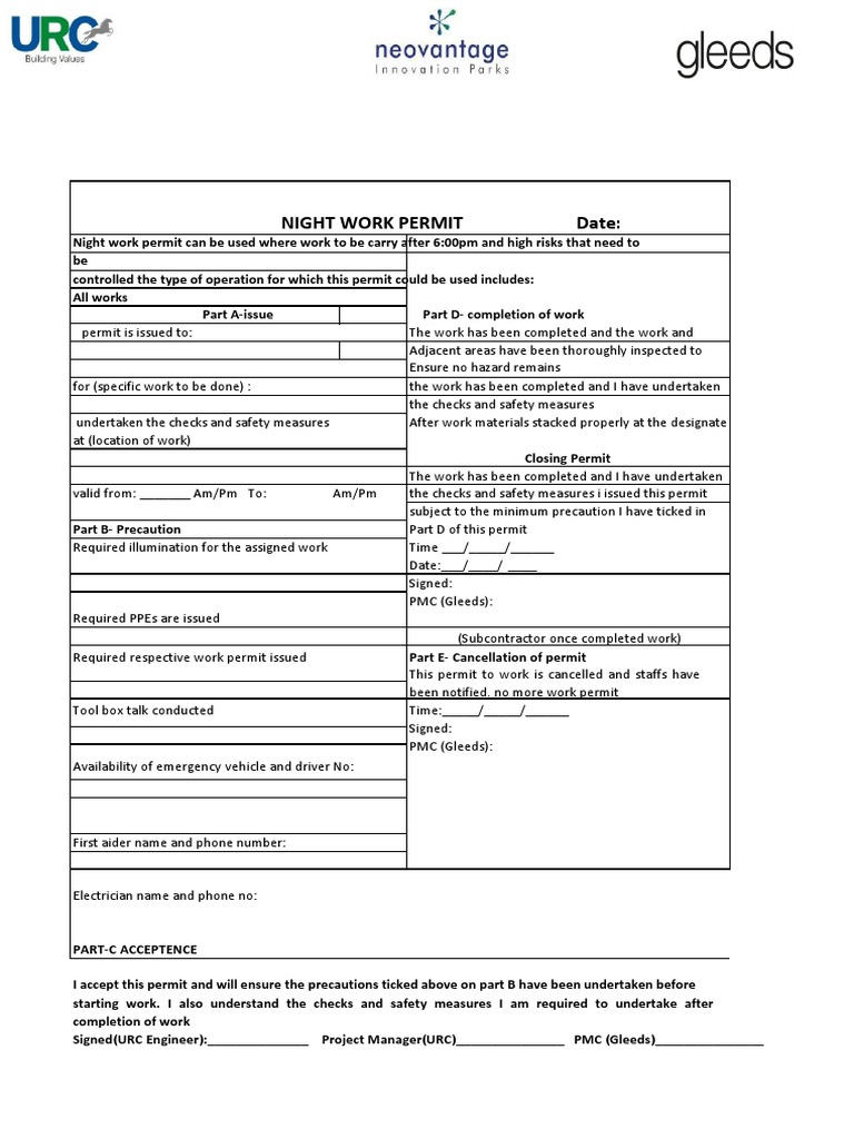 URC EHS 42 Night Work Permit | PDF | Safety | Occupational Safety And ...