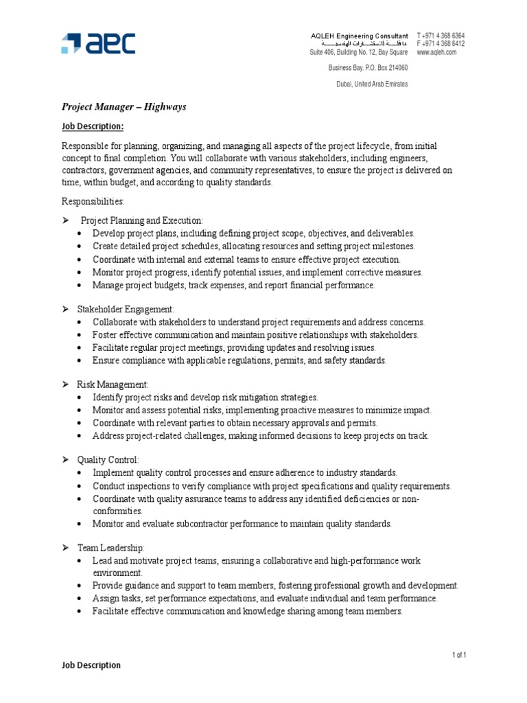 Job Description Project Manager - Highways | PDF | Business Job Description Project Manager - Highways | PDF | Business