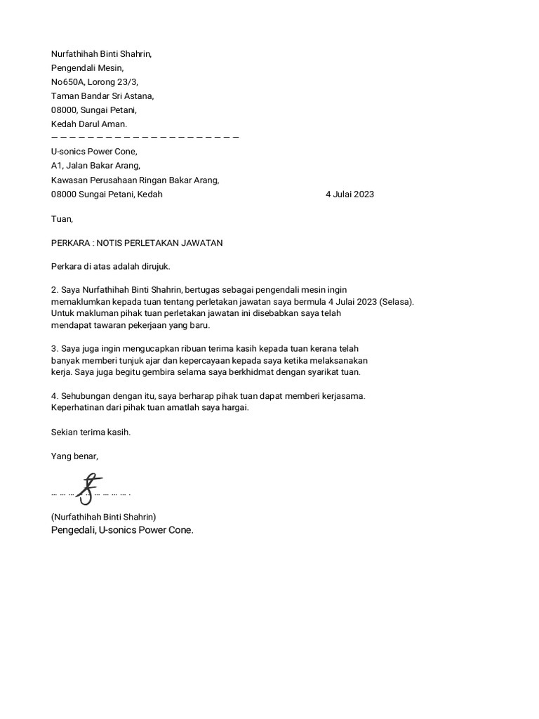 Contoh-Surat-Berhenti-Kerja-Kilang-Dengan-Notis-24-Jam-1 | PDF
