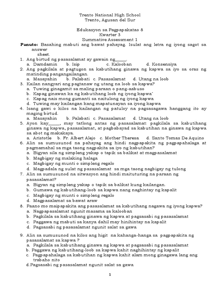 EsP Summative Assessment 3rd Quarter | PDF