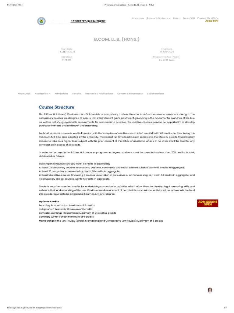 Programme Curriculum - B.com LL.B. (Hons.) - JGLS | Download Free PDF | Academic Degree | Curriculum