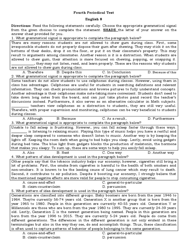 Grade 9 Fourth Periodical Test | PDF