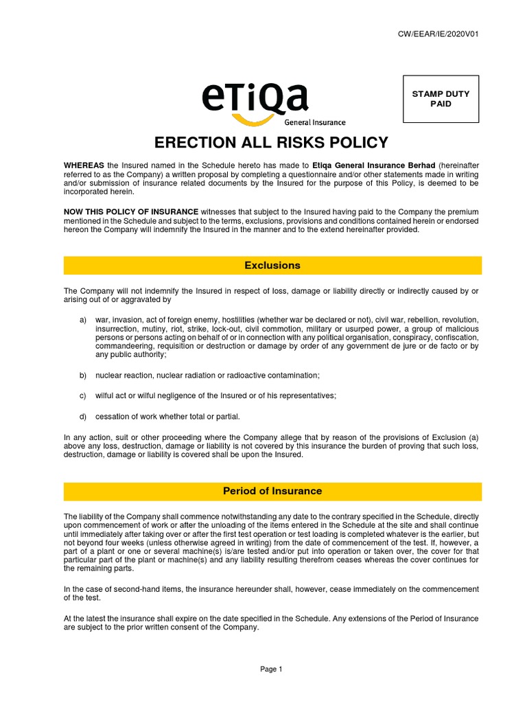 Policy+Wordings+ERECTION+ALL+RISKS+Insurance | PDF | Indemnity | Insurance