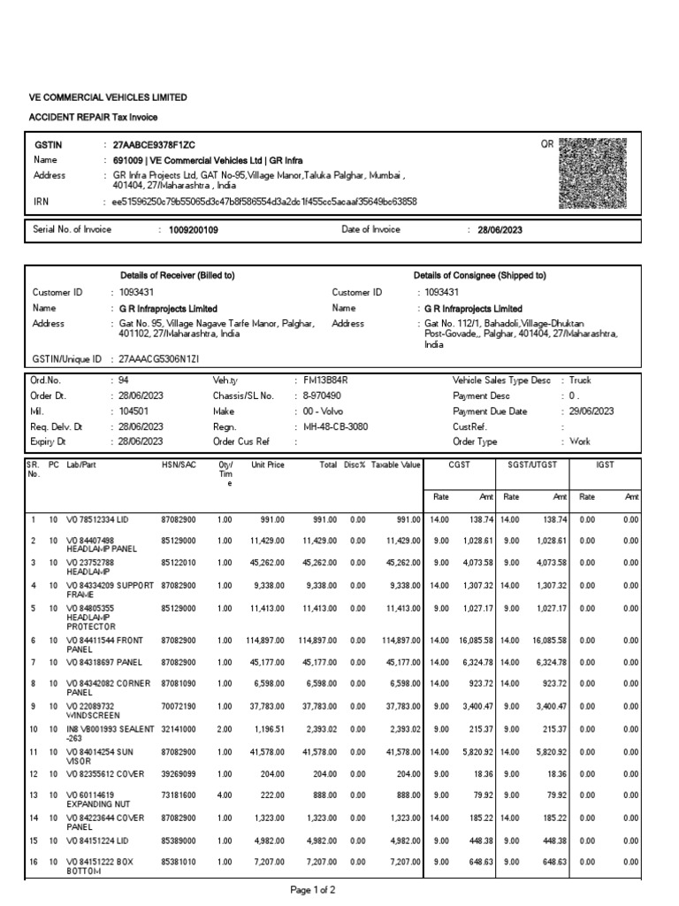 Accident Repair Invoice for GR Infra | PDF | Payments | Vehicles