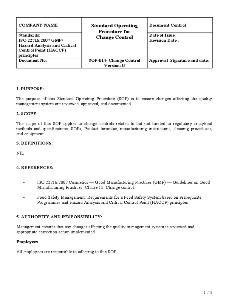 16 GMP SOP 014 Change Control | PDF | Hazard Analysis And Critical ...