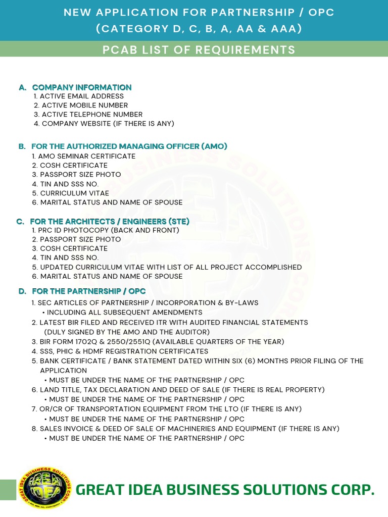 Pcab List of Requirements - New (Cat D-Aaa) (Partn-Opc) | PDF