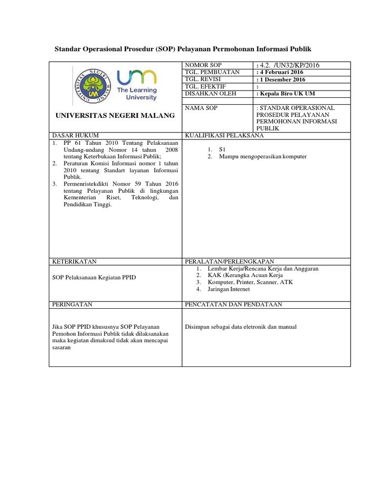 Standar Operasional Prosedur SOP Pelayanan Permohonan Informasi Publik | PDF