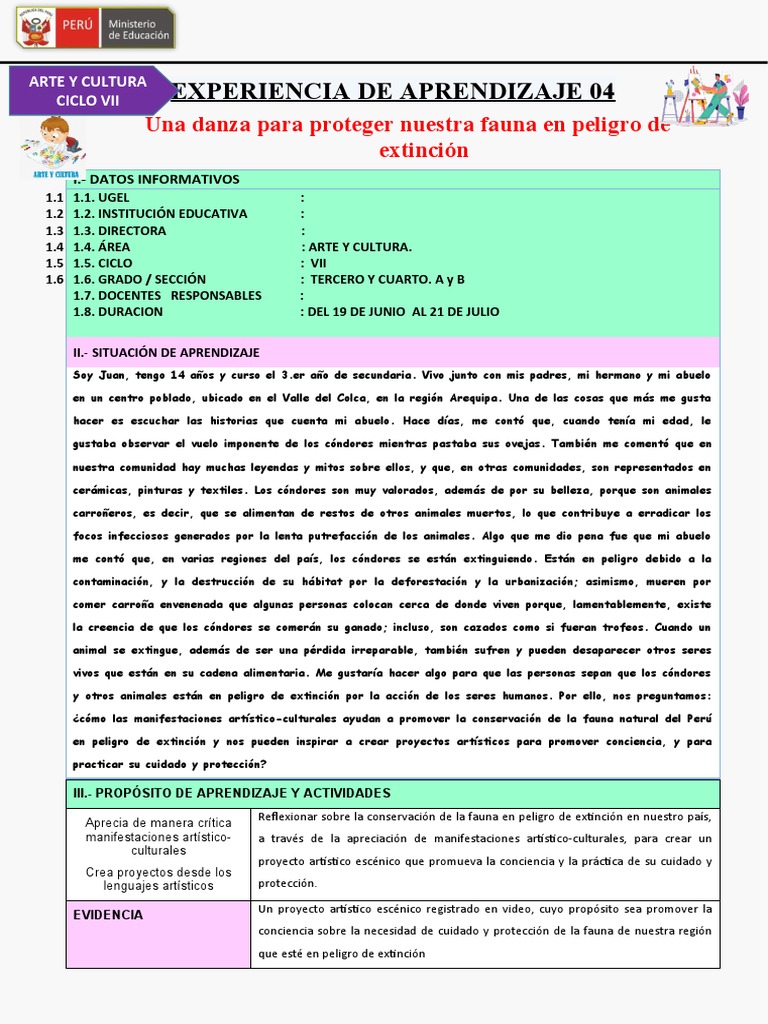 Experiencia de Aprendizaje 04 - Ciclo Vi - 3ero y 4to y 5to - Arte y Cultura - 2023 | PDF ...