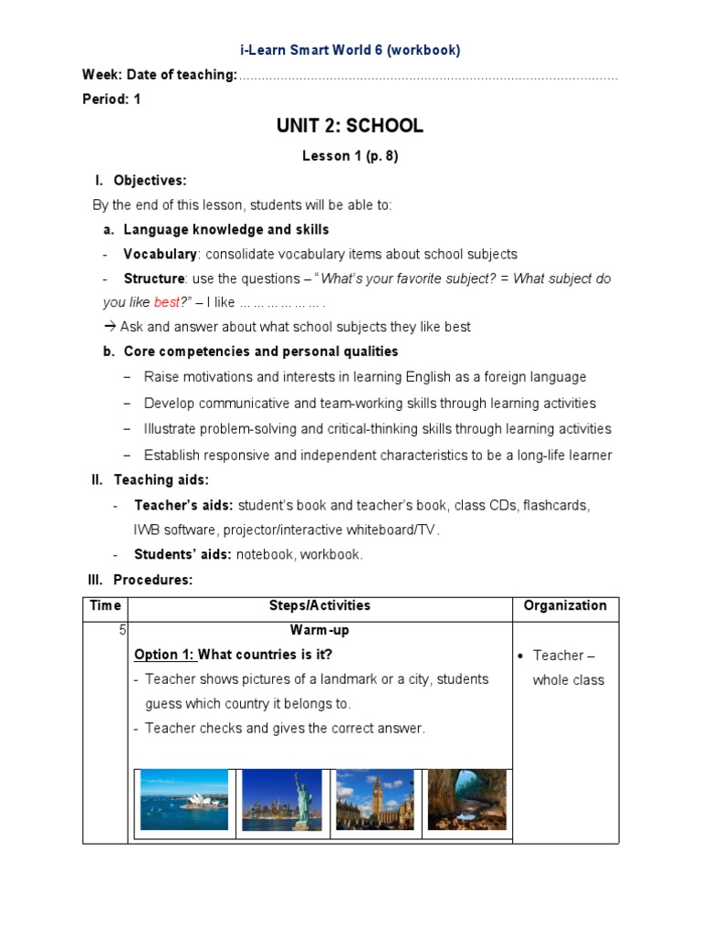 Tiếng Anh 6 Smart World - Unit 2. SCHOOL | Download Free PDF | Teachers ...