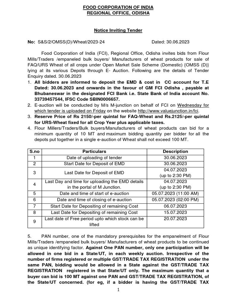 FCI OMSS Wheat Tender Notice 2023-24 | PDF | Auction | Legal Liability
