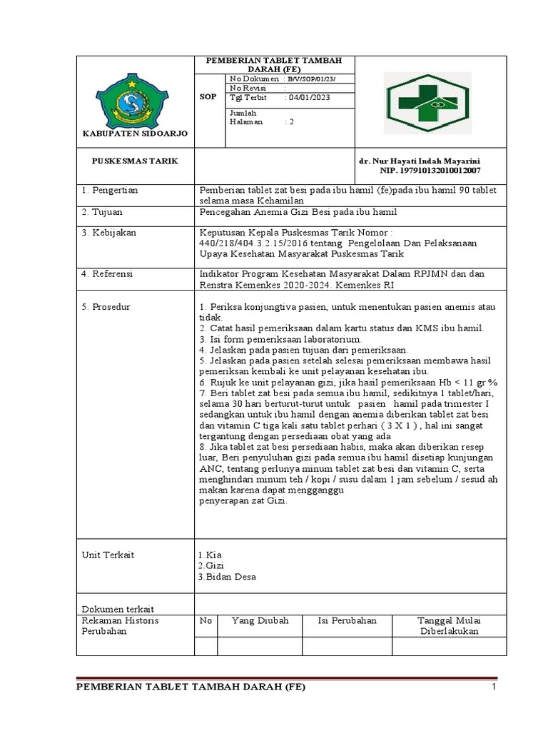 Sop Pemberian Tablet Tambah Darah Bumil | PDF