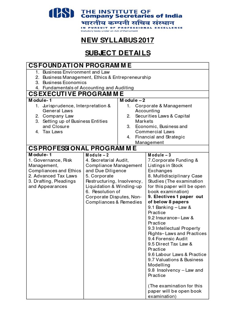 New Syllabus 2017 - Icsi | PDF | Business | Audit