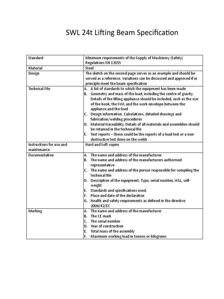 SWL 24t Lifting Beam Specification | PDF | Specification (Technical ...