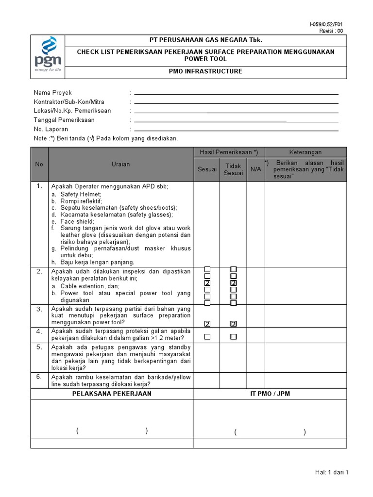 Checklis Pemeriksaan Pekerjaan Surface Preparation Menggunakan Power ...