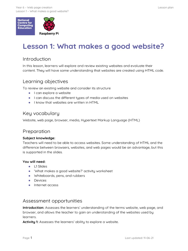L1 Lesson Plan - Web Page Creation - Y6 | PDF | Websites | World Wide Web