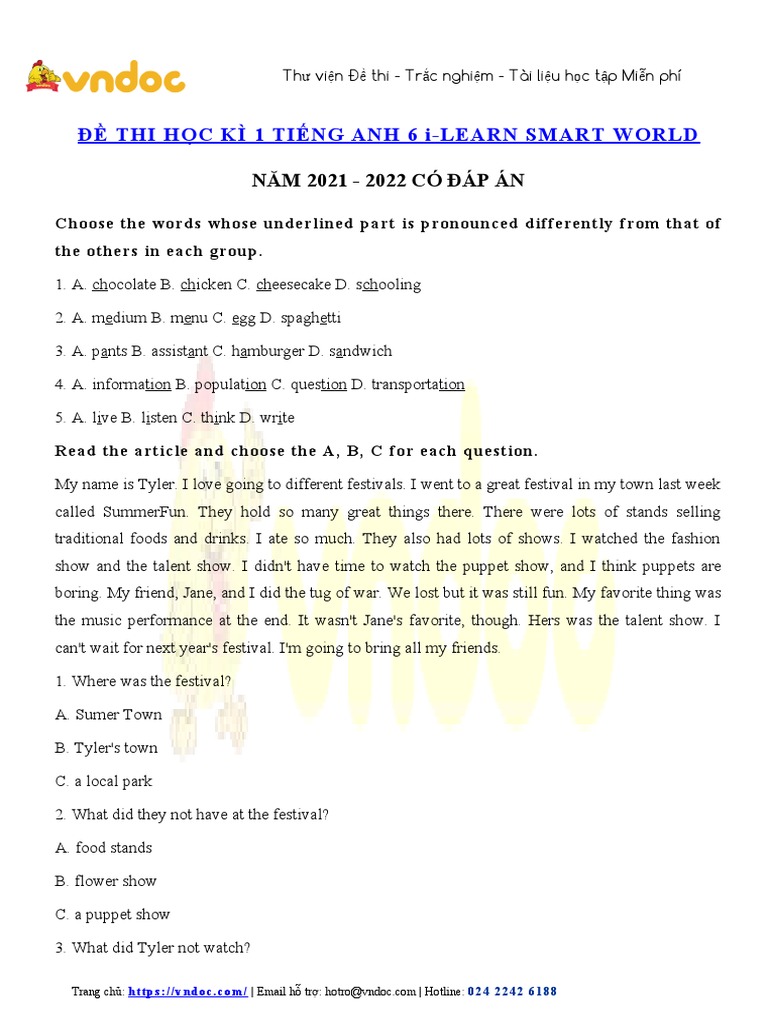 De Thi Tieng Anh Lop 6 Hoc Ki 1 I Learn Smart World So 4 | PDF