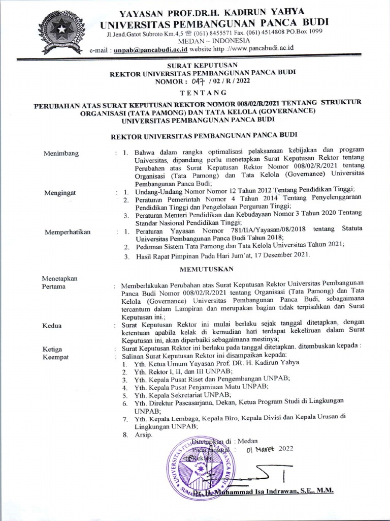 047 SK Perubahan Atas Surat Keputusan Rektor Nomor 008.02.R.2021 Tentang Struktur Organisasi ...