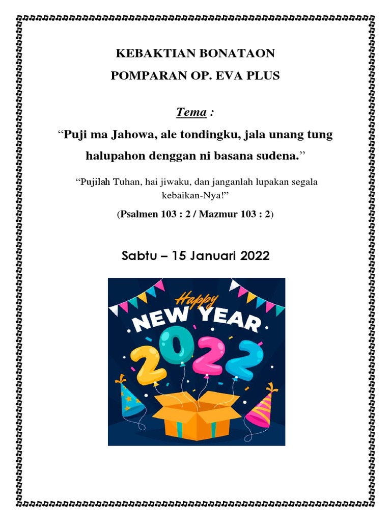 TATA IBADAH KEBAKTIAN BONATAON POMPARAN OP EVA PLUS (Tahun Baru 2022) | PDF