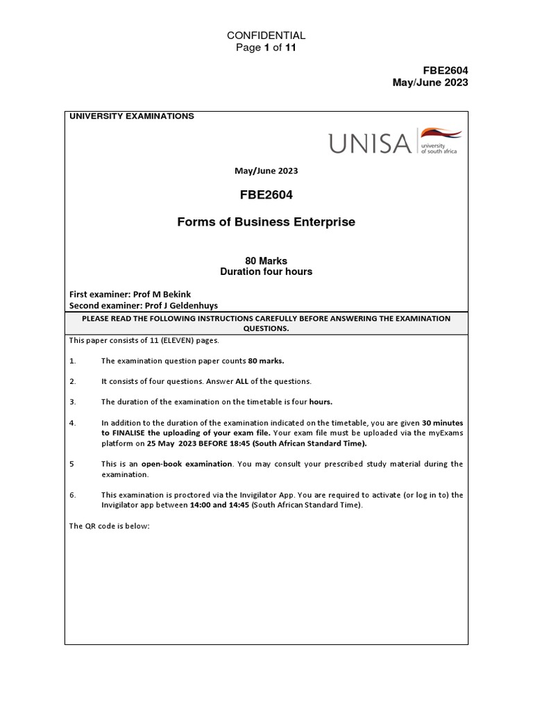 FBE 2604 MayJune 2023 Examination Paper QA Judith VM - QAd 20 May 2023 ...