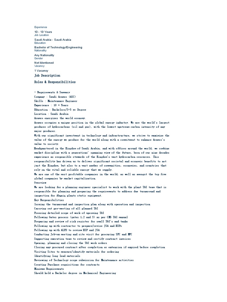 Maintenance Engineer - Saudi Aramco (ASC) | PDF | Economies