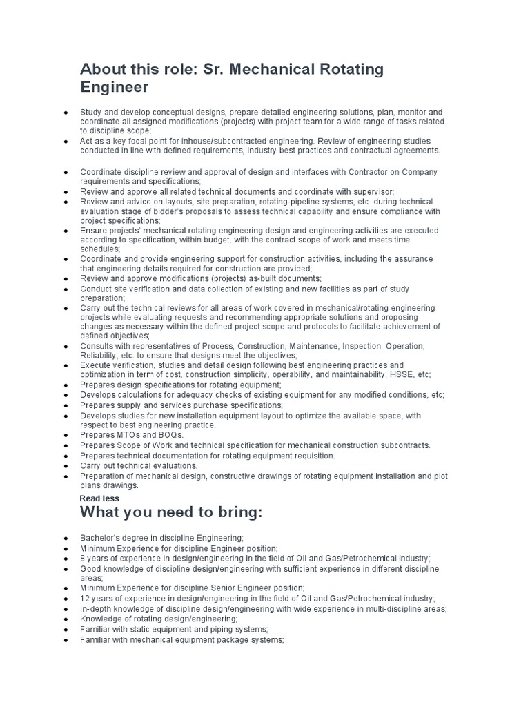 Sr. Mechanical Rotating Engineer | PDF | Specification (Technical ...