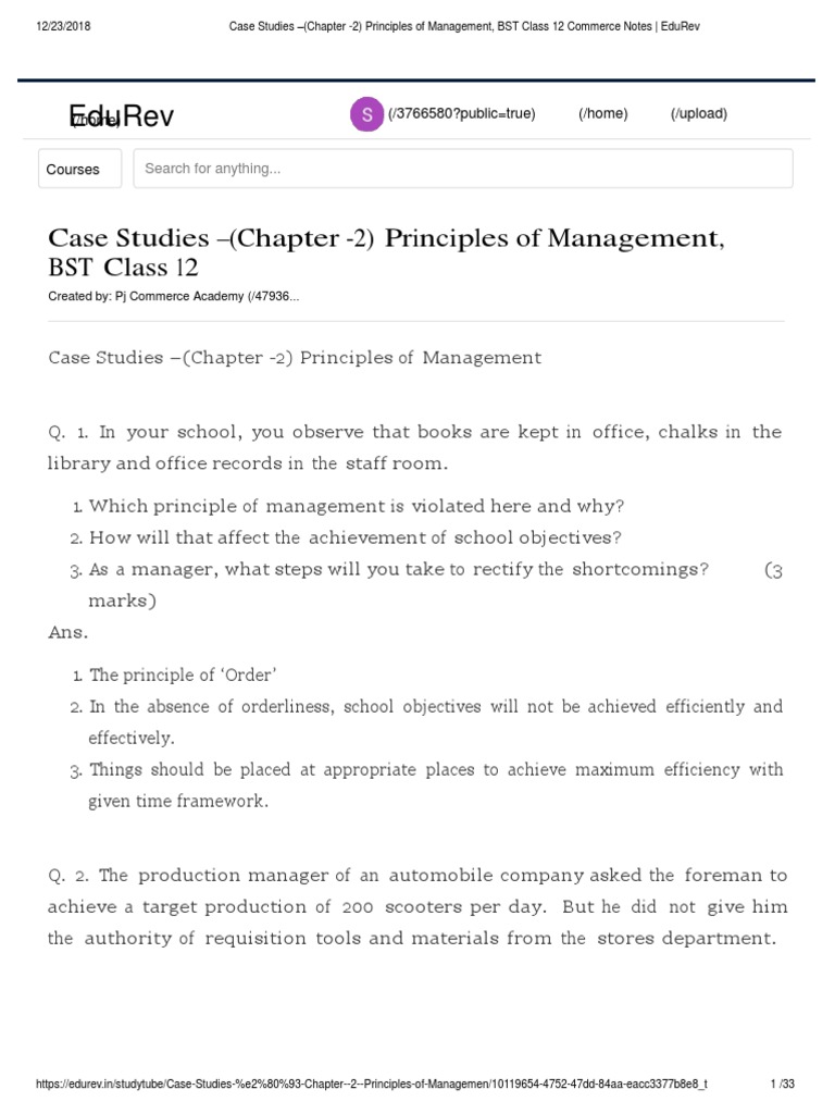 Case Studies Chapter 2 Principles of Management BST Class 12 Commerce ...