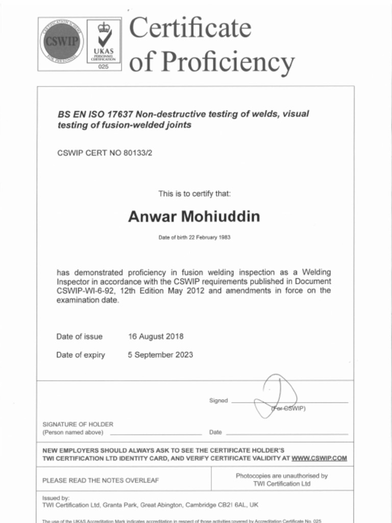 Anwar - CSWIP Certificate of Proficiency | PDF