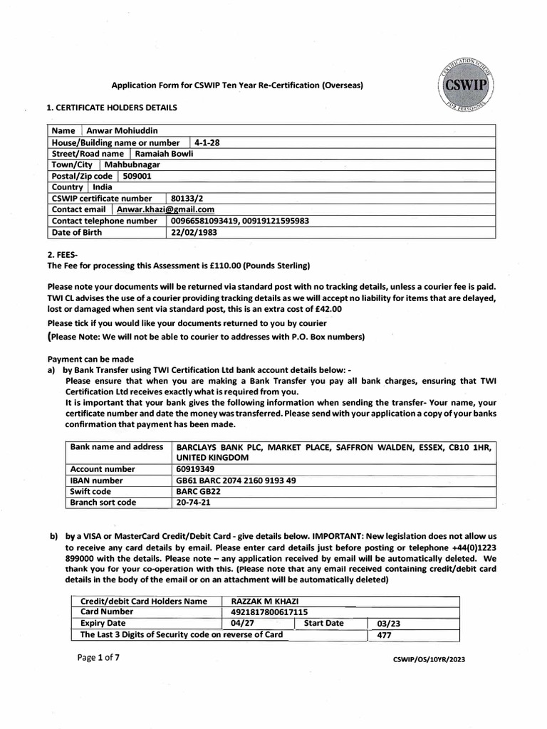 Application Form For CSWIP Ten Year Re-Certification (Overseas) | Download Free PDF | Debit Card ...