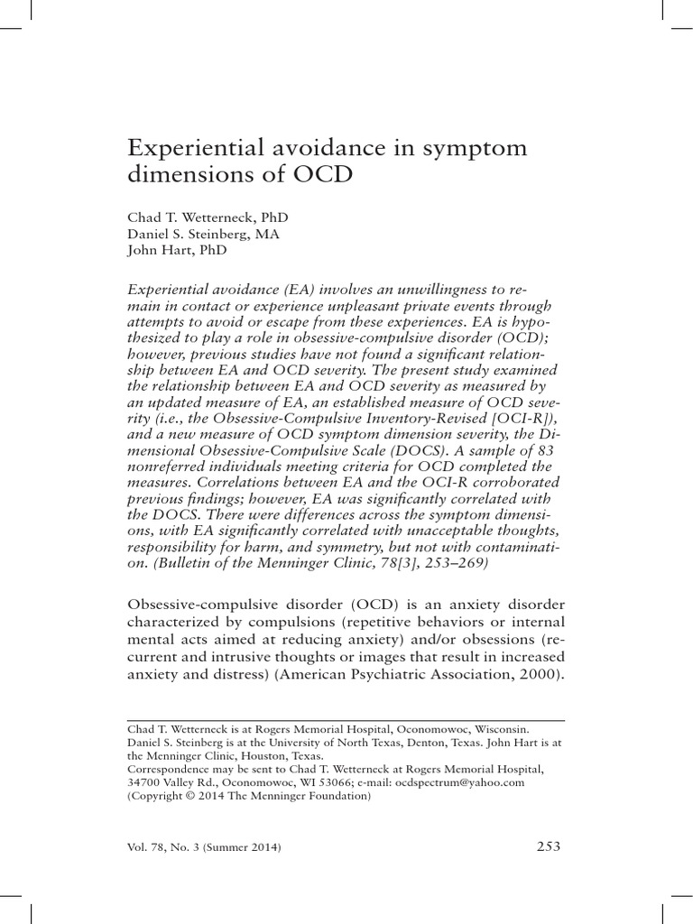 Experiential Avoidance In Symp Pdf Obsessive Compulsive Disorder
