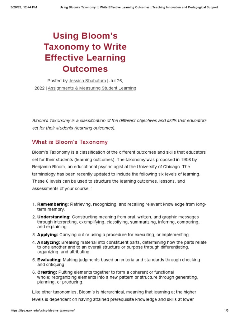 Using Bloom’s Taxonomy to Write Effective Learning Outcomes _ Teaching Innovation and ...
