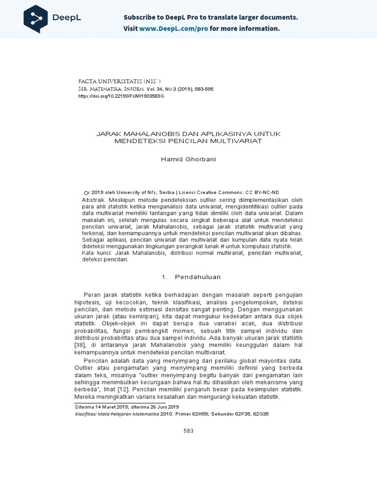 Mahalanobis Distance And Its Application For Id Pdf