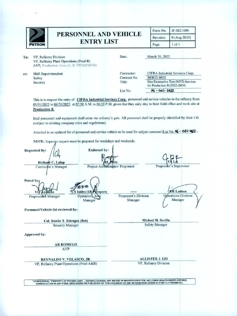 Entry List - Cifra Industrial Services 5.1.22-4.30.23 rev.1 | PDF
