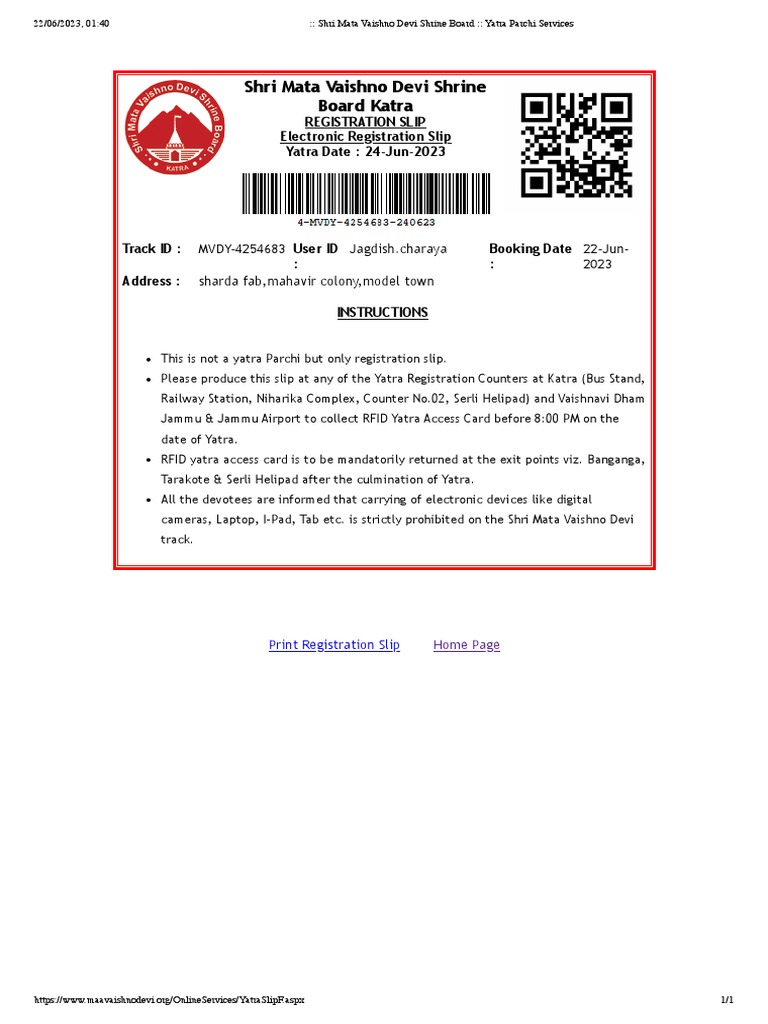 Shri Mata Vaishno Devi Shrine Board - Yatra Parchi Services | PDF