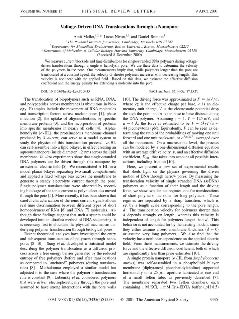 Meller-Voltage-driven DNA Translocations Through A Nanopore - 2001 ...