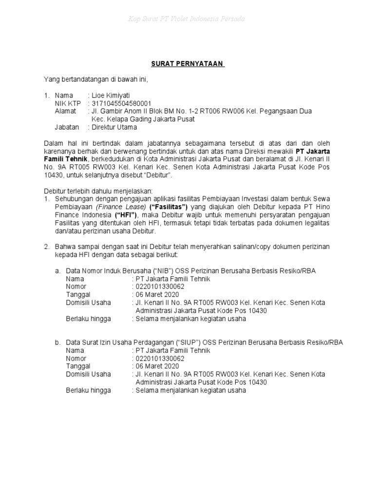 Draft Surat Pernyataan Perizinan Berusaha OSS RBA - OK | PDF