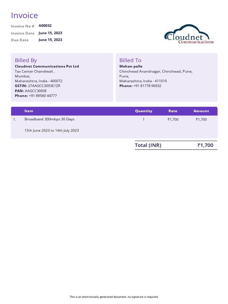 Invoice June Cloudnet Communications PVT LTD Mohan Palle | PDF