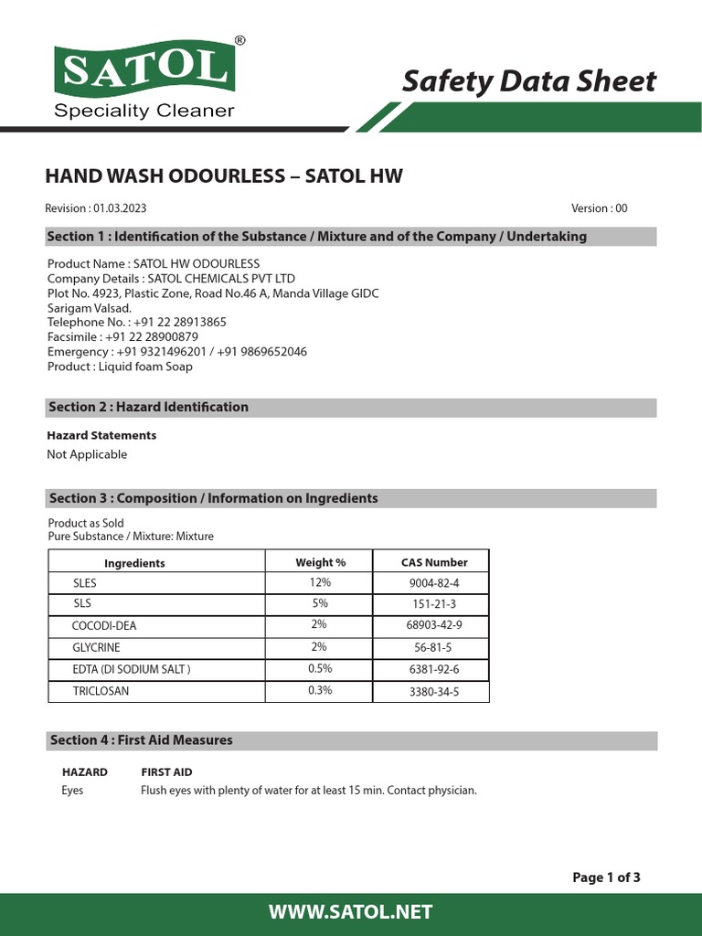 Hand Wash Odourless - Satol HW | PDF | Firefighting | Toxicity