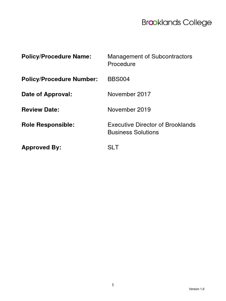 Management of Subcontractors Procedure | PDF | Audit | Risk