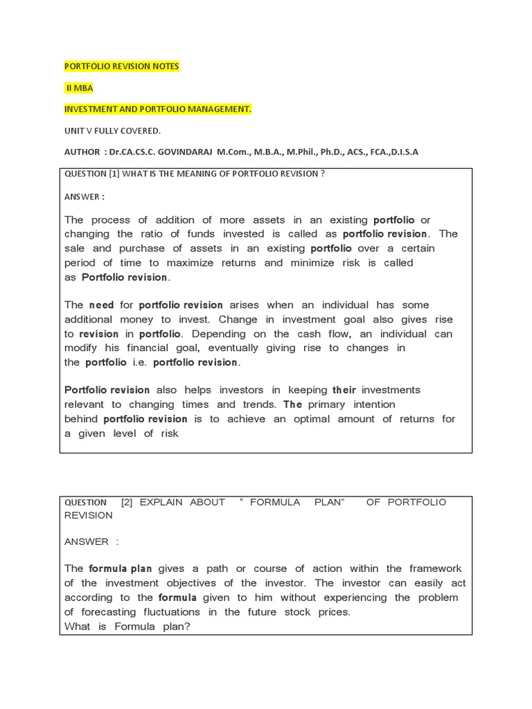 PORTFOLIO REVISION NOTES Unit 5 | PDF | Investing | Stocks