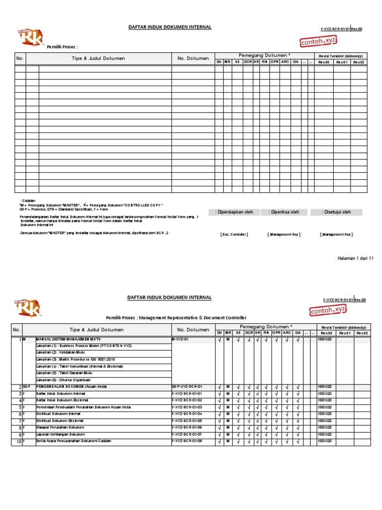 F-01-01. Daftar Induk Dokumen Internal (Contoh - Xyz) 210429 | PDF