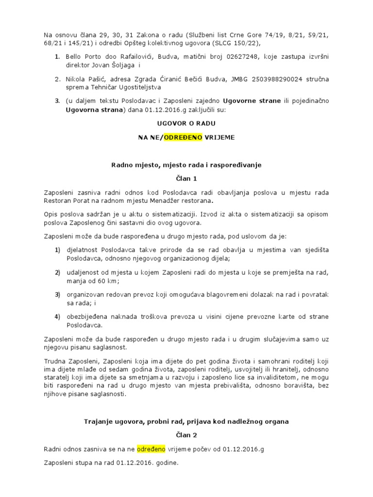 Ugovor o Radu (1) - NOVI (2) | PDF