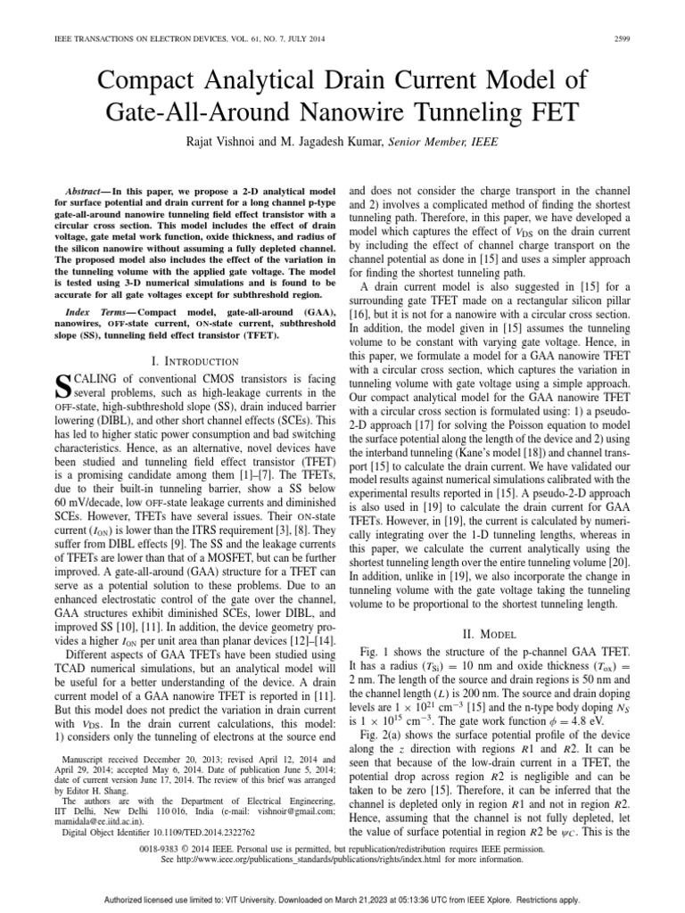 Compact Analytical Drain Current Model of Gate-All-Around Nanowire Tunneling FET | PDF | Field ...