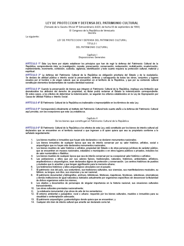 Ley de Proteccion y Defensa Del Patrimonio Cultural | PDF | Bienes (Ley) | Propiedad