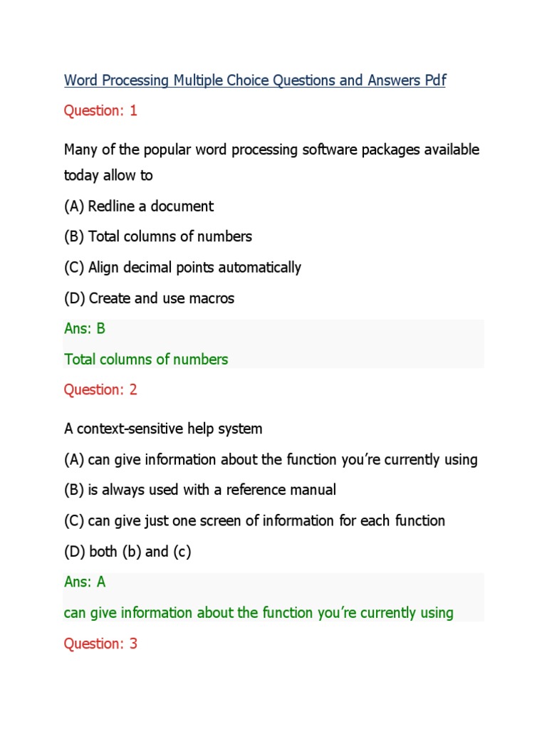 Word Processing Multiple Choice Questions | PDF Word Processing Multiple Choice Questions | PDF