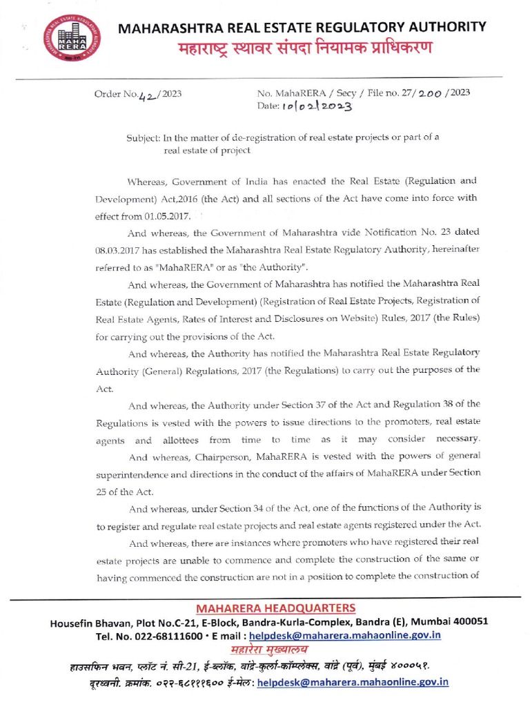 Deregistration of Project by Application of Promoter - Order No 42 of 2023 | PDF | Justice ...