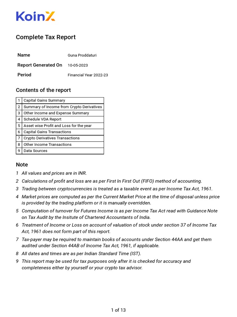 Crypto Tax Report FY 2022-23 Summary | PDF | Capital Gains Tax ...