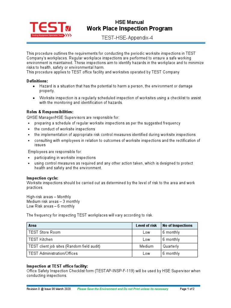 Work Place Inspection Program | PDF | Occupational Safety And Health | Risk